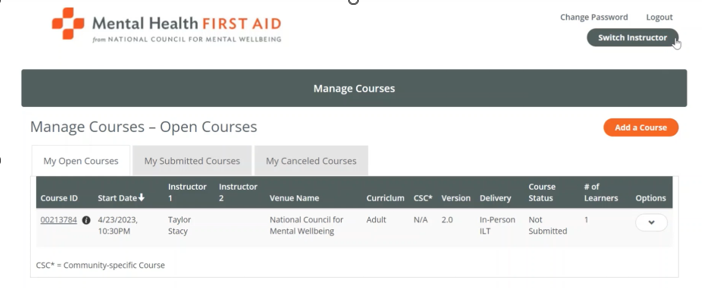 Managing an Instructor’s Course on MHFA Connect Submit-a-Course as a ...