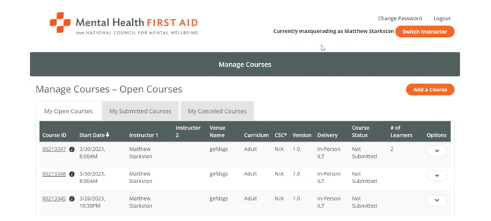 Managing an Instructor’s Course on MHFA Connect Submit-a-Course as a ...