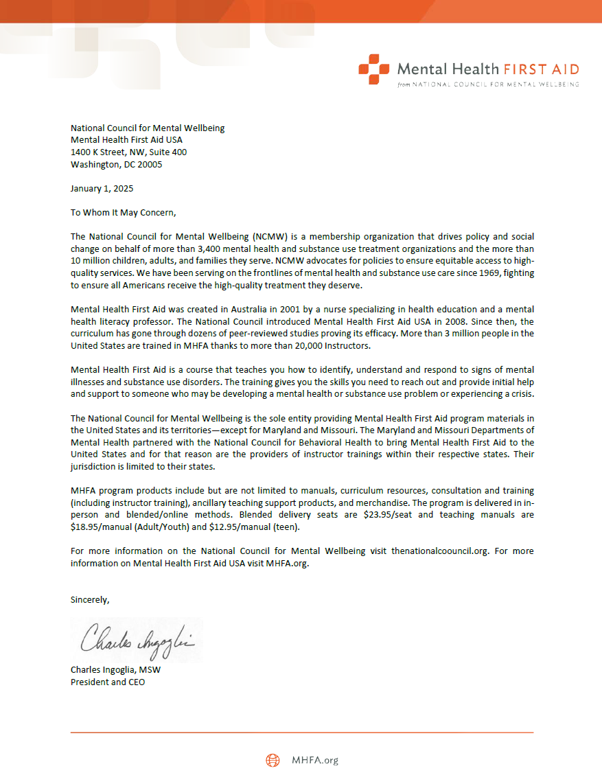 MHFA Sole Source Letter – Mental Health First Aid Help Center